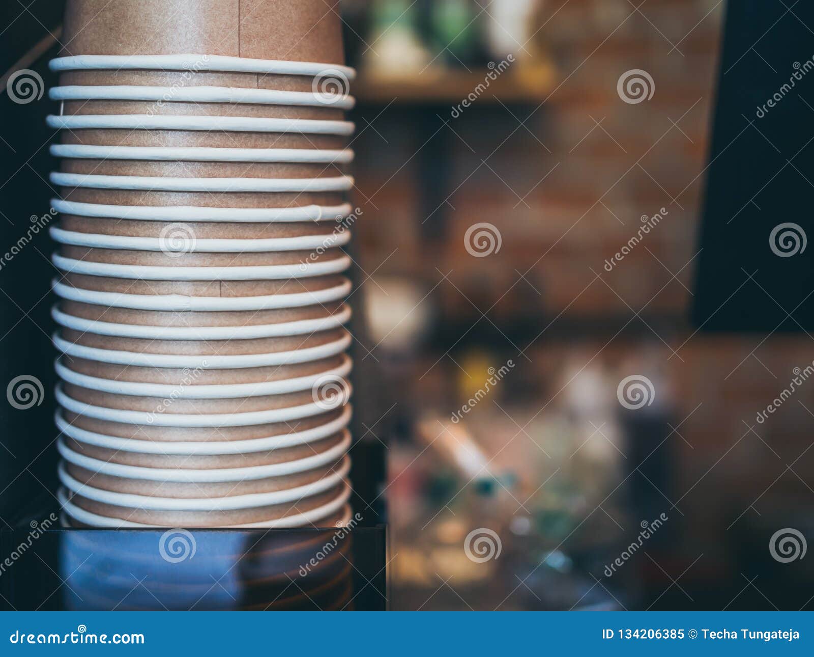 Stack of Small Brown Paper Cups in Cafe Stock Image - Image of business ...