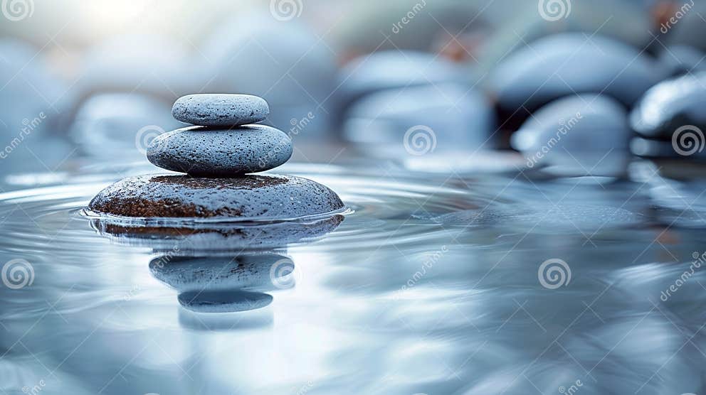 A Stack of Smooth, Round Stones Sits on the Surface of a Still Body of ...