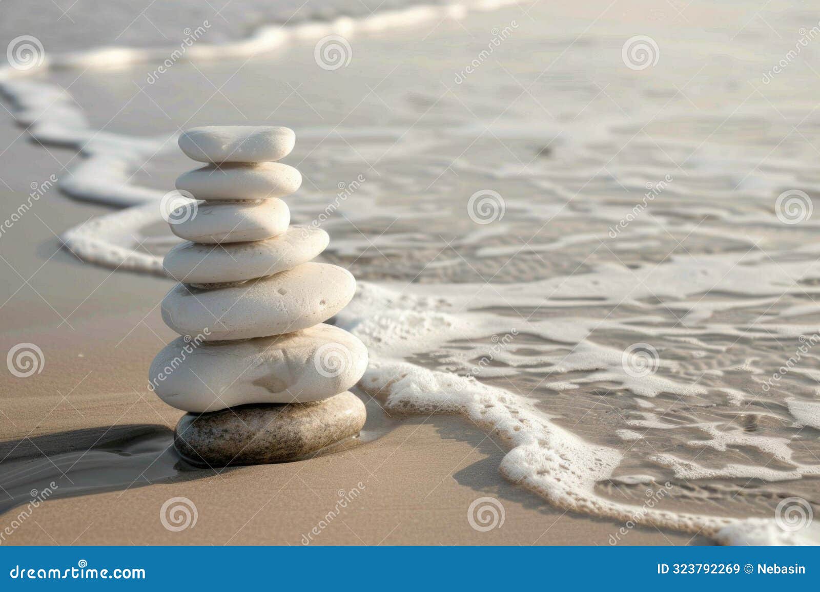 A Stack of Smooth, White Stones Rests on a Sandy Beach As a Wave ...