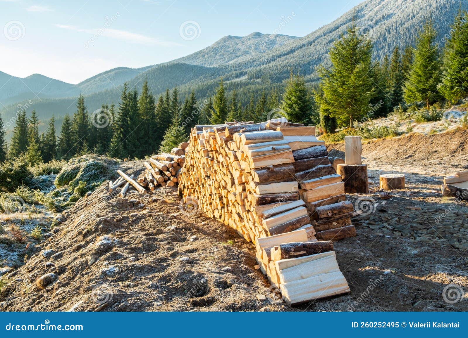 Stack of Snow-covered Firewood in Mountains. Sunny Photo Stock Image ...