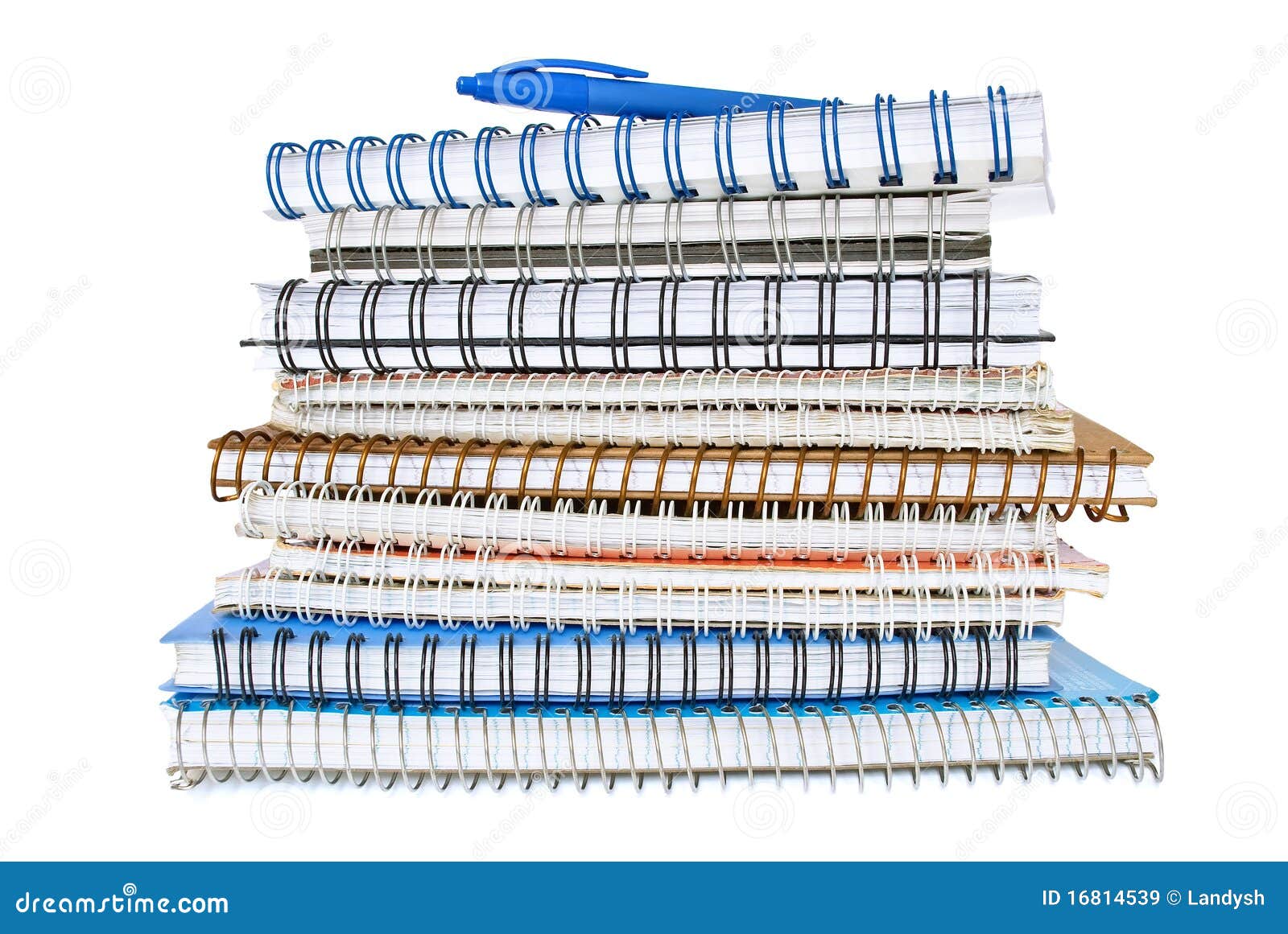 Stack of Spiral Notebooks with Coil Binding with a Blue Pen Stock Image ...