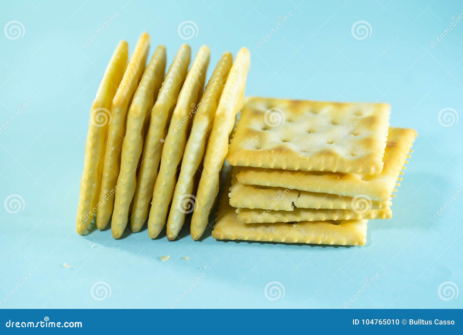Crackers Stack on Blue Background. Food for Breakfast. Stock Photo ...