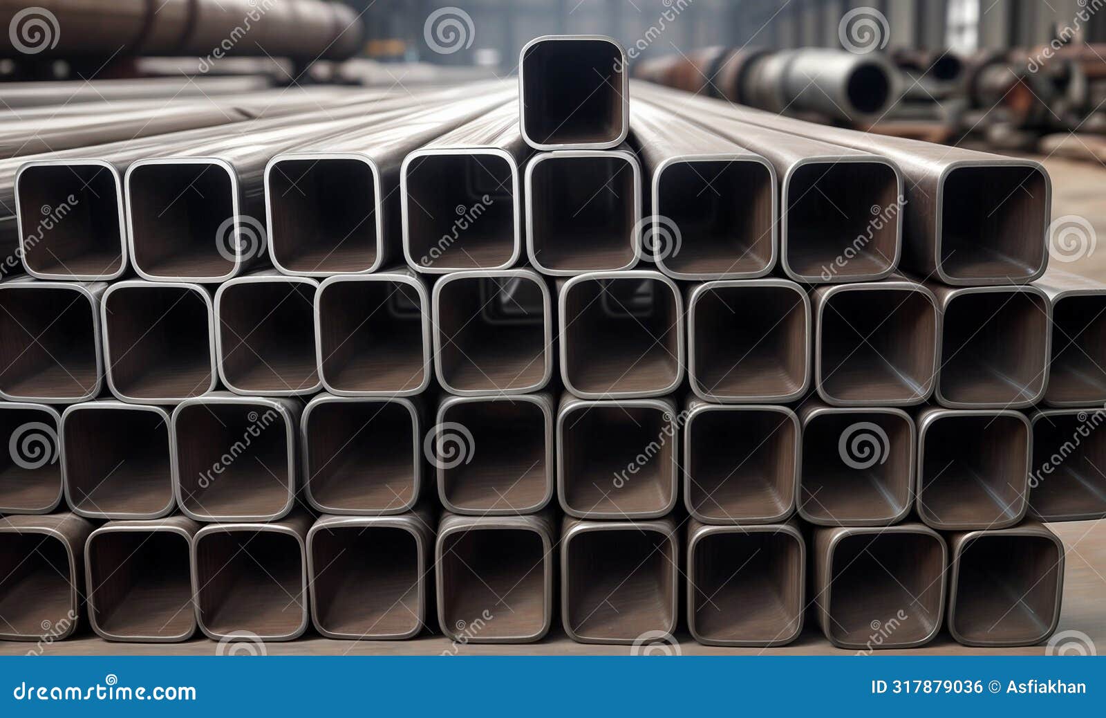 In Warehouse Stack of Square Steel Pipes are Stacked on Top of Each ...