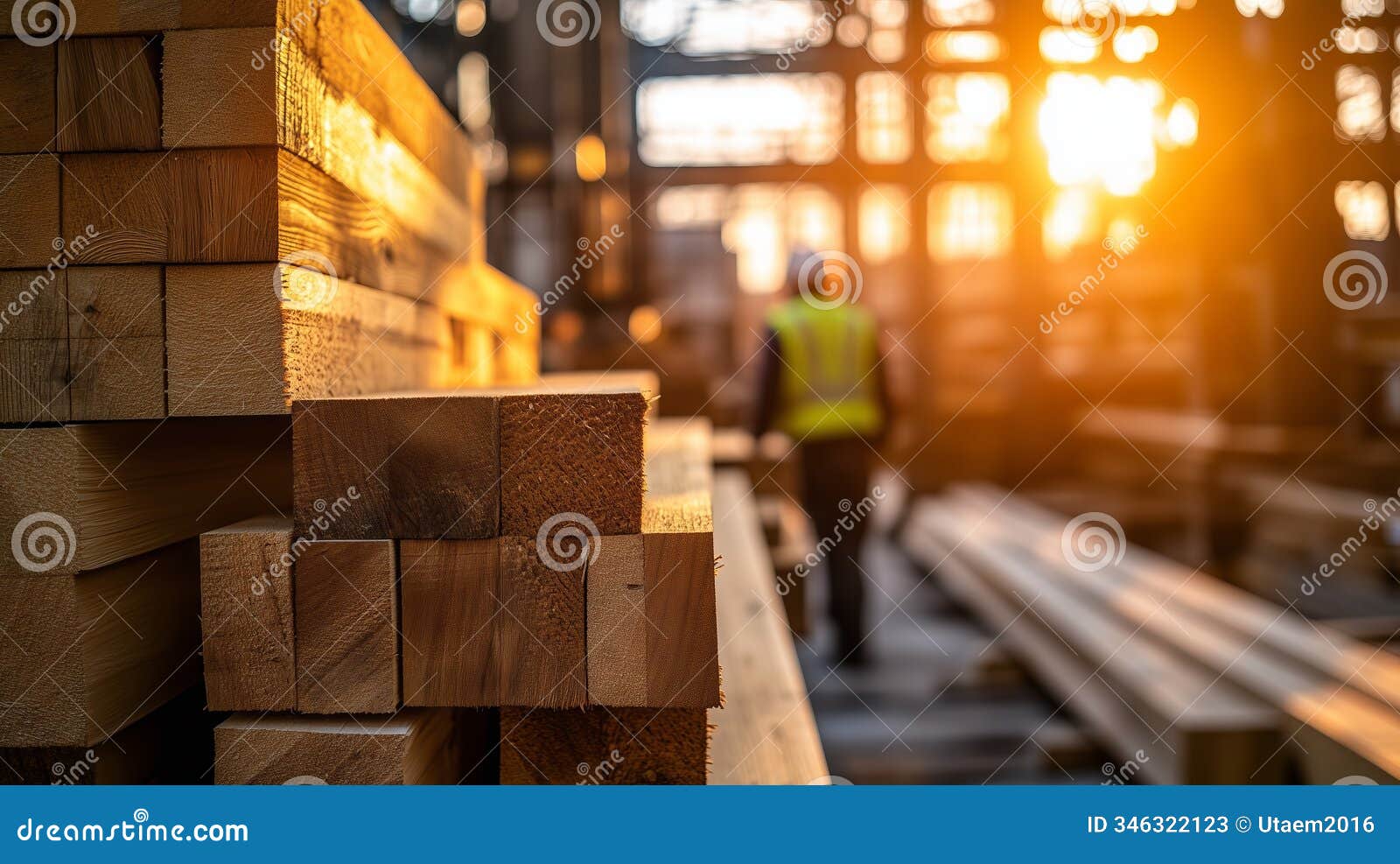 Stack of Square Timber Beams at Sunset in Lumber Processing Factory ...