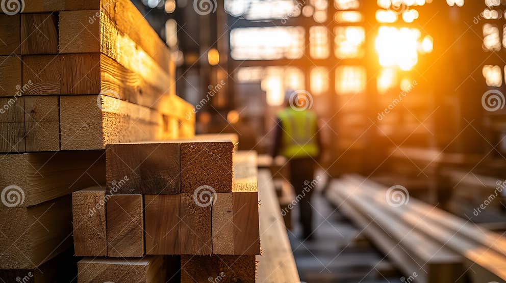 Stack of Square Timber Beams at Sunset in Lumber Processing Factory ...