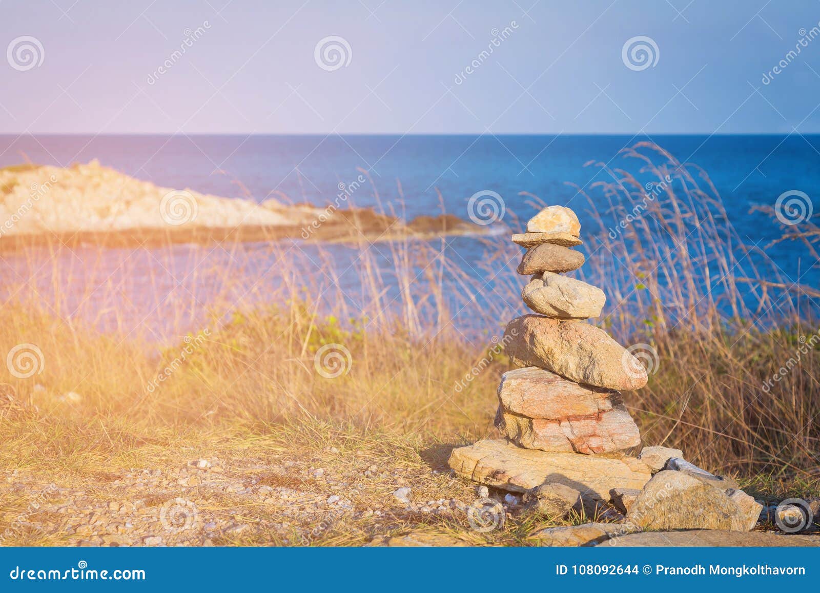 Stack Stone Over Ocean Seacoast Skyline Stock Photo - Image of balance ...
