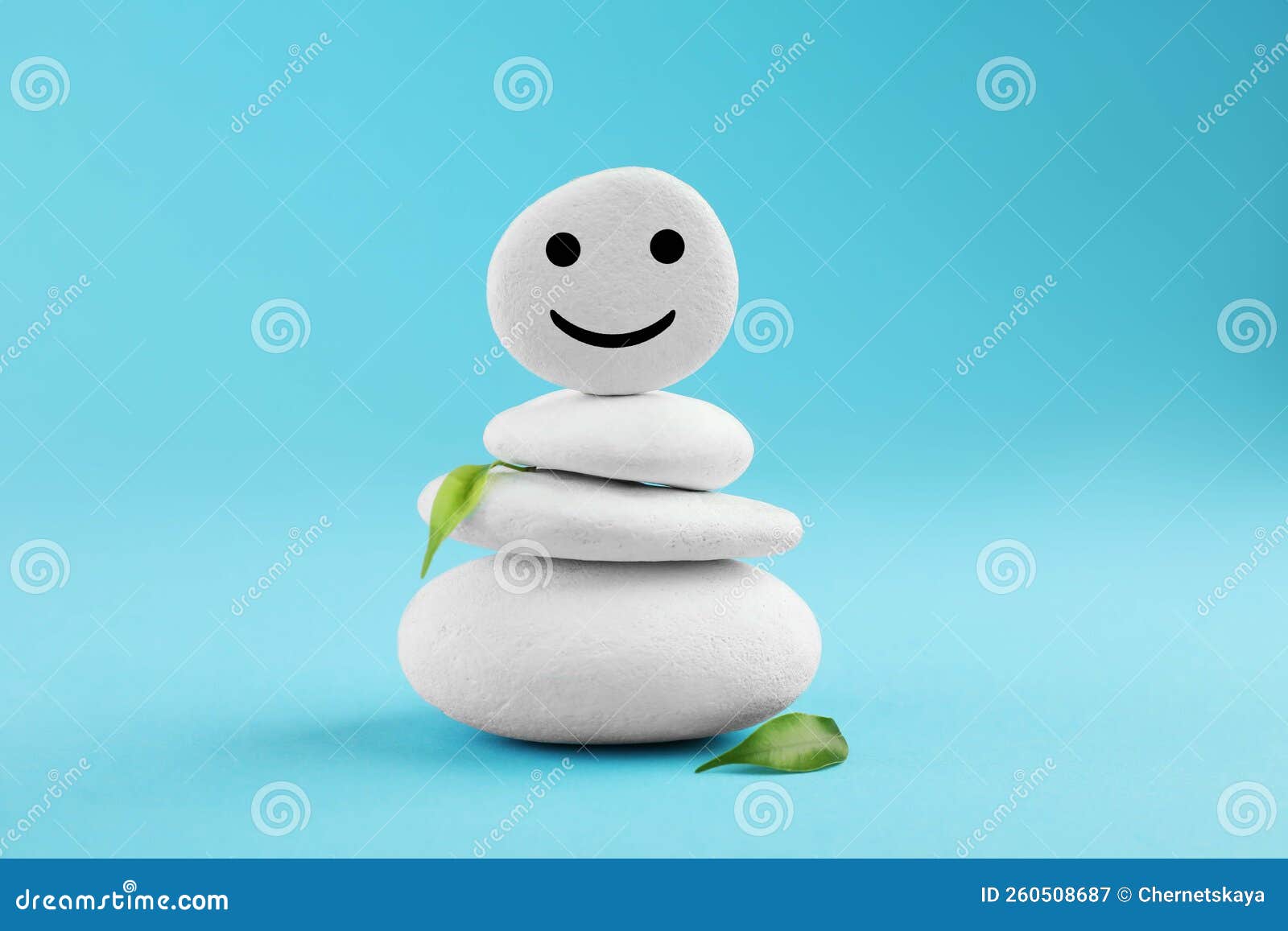 Stack of Stones with Drawn Happy Face and Green Leaves on Light Blue ...