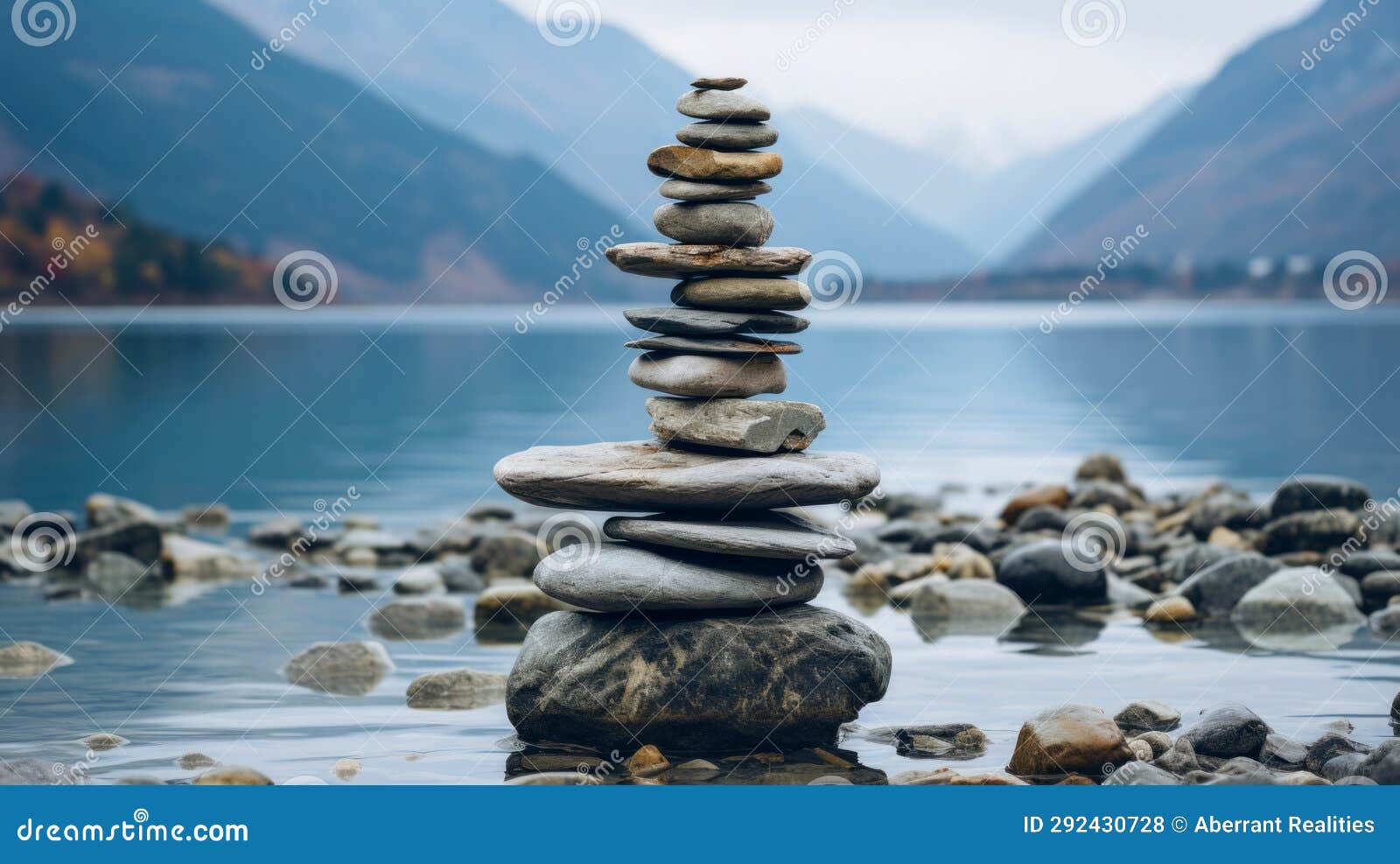 A Stack of Stones is Sitting on Top of Rocks in Front of a Lake Stock ...