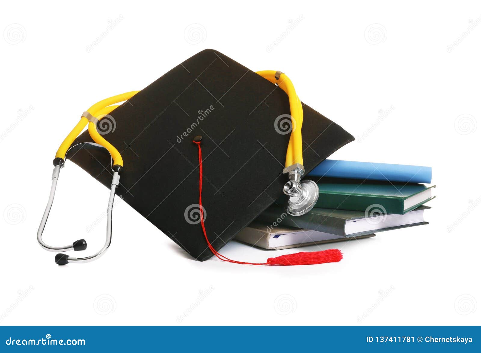 Stack Of Student Textbooks, Graduation Hat And Stethoscope On White ...