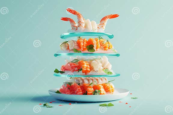 A Stack of Sushi on a Plate with a Blue Background with Generative AI ...