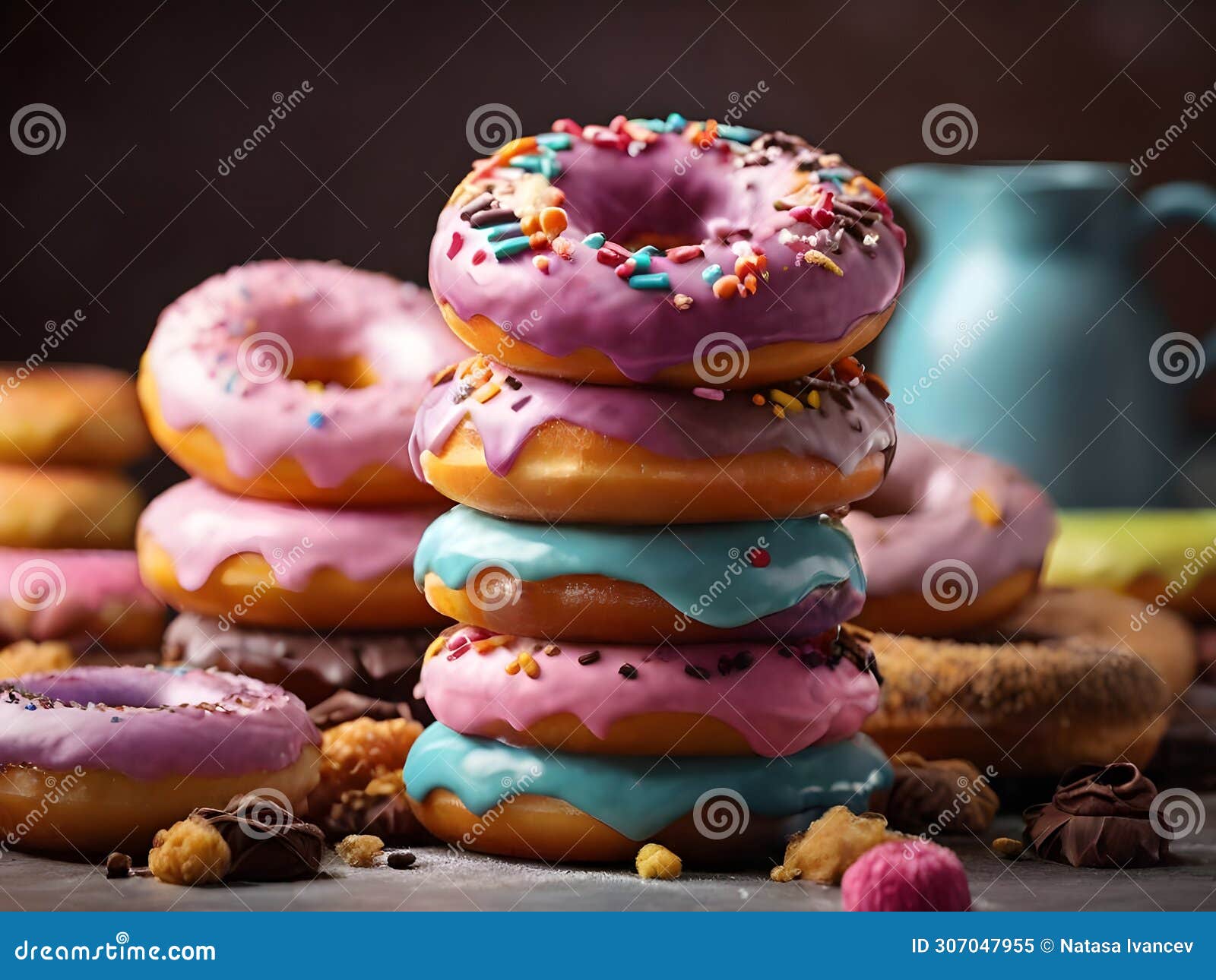 Stack of Sweet Blue and Pink Donuts Stock Illustration - Illustration ...
