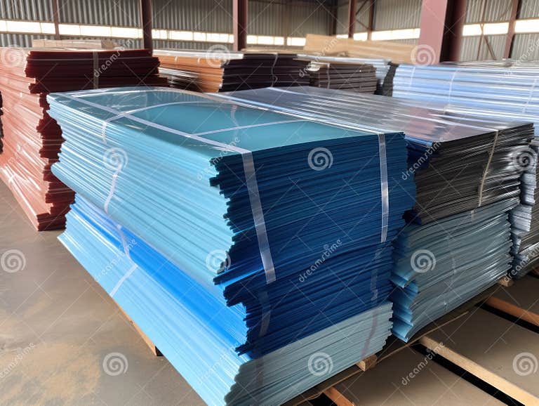 Stack of Tack Plastic Sheets are Kept in the Warehouse. Acrylic Glass ...