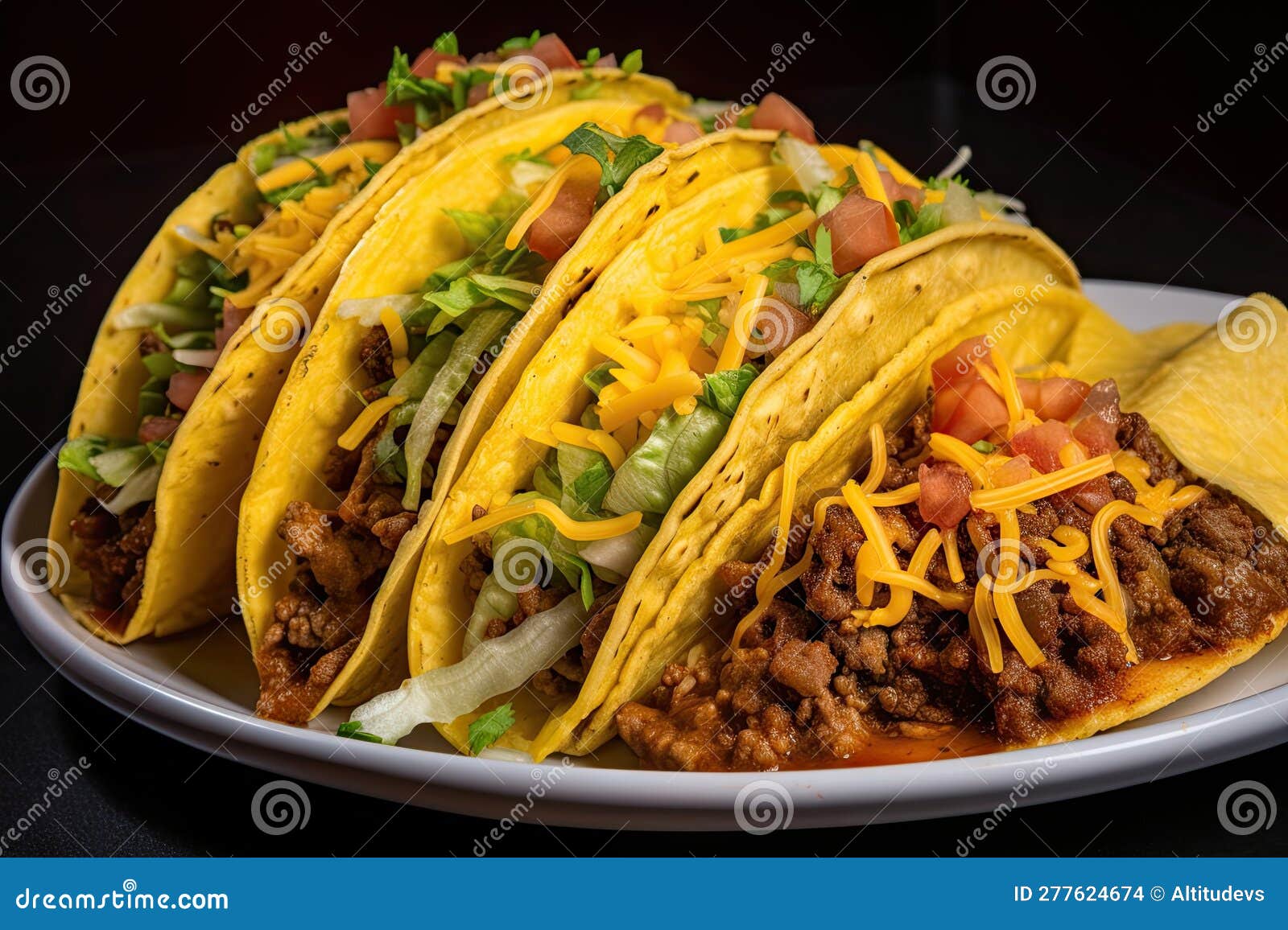 Stack of Tacos with Beef, Cheese, and Lettuce on Golden Plate Stock ...