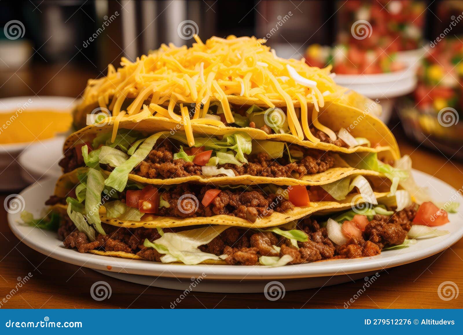 Stack of Tacos with Beef, Cheese, and Lettuce on Golden Plate Stock ...