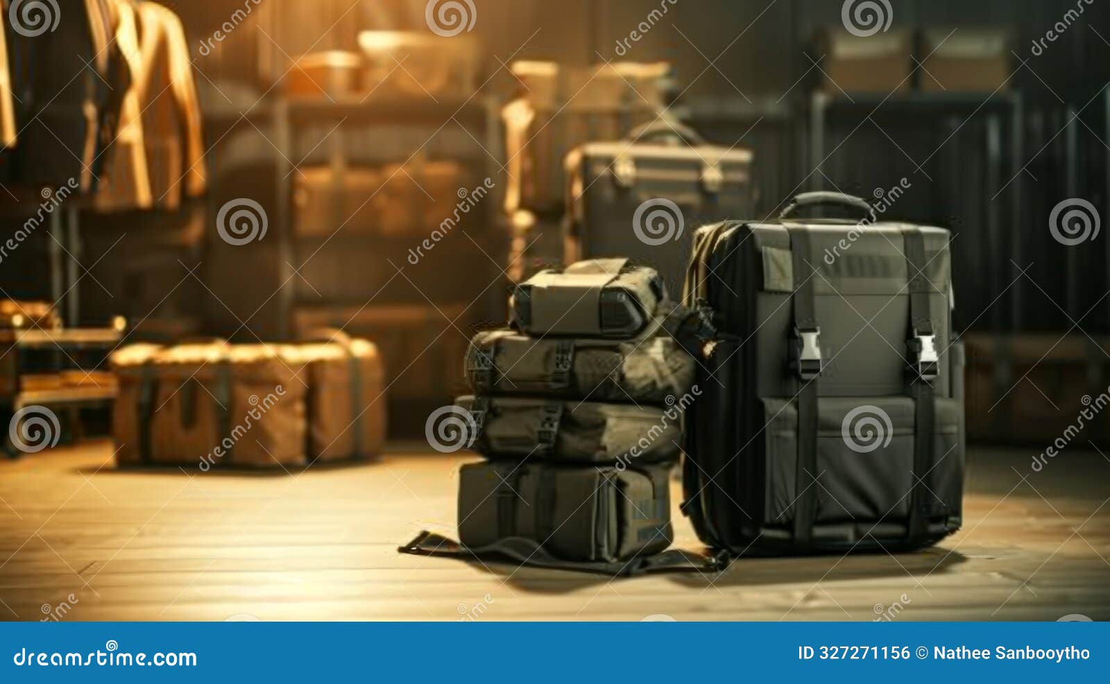 Stack of Tactical Backpacks in Warehouse Stock Illustration ...