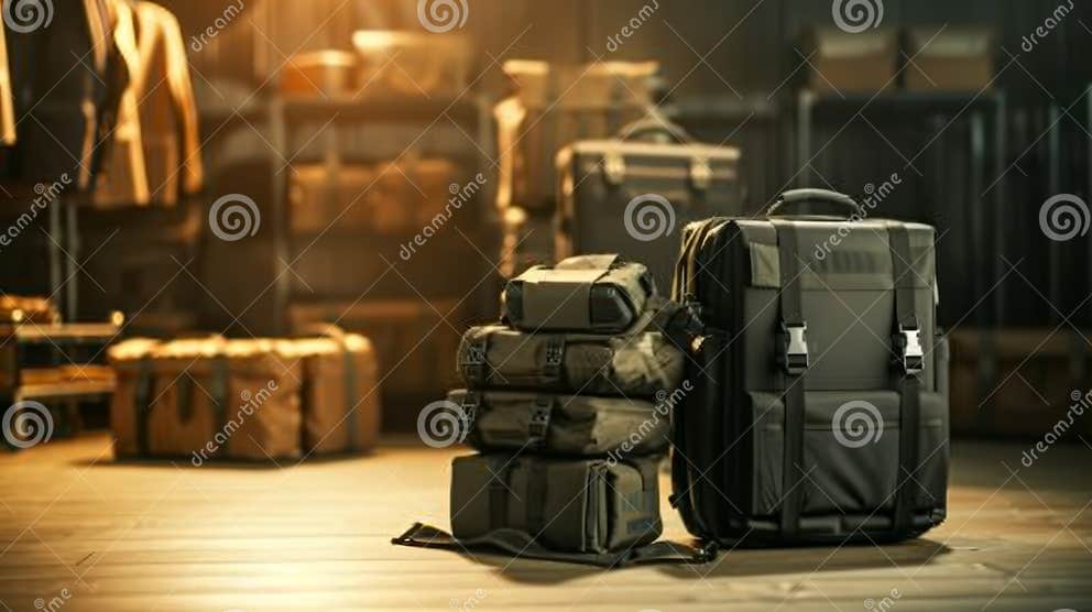 Stack of Tactical Backpacks in Warehouse Stock Illustration ...