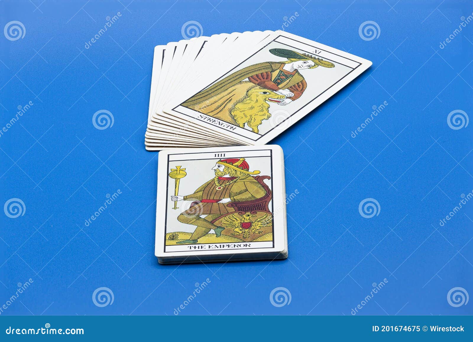 Stack of Tarot Cards on Blue Surface Stock Image - Image of emperor ...