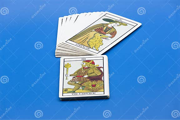 Stack of Tarot Cards on Blue Surface Stock Image - Image of emperor ...