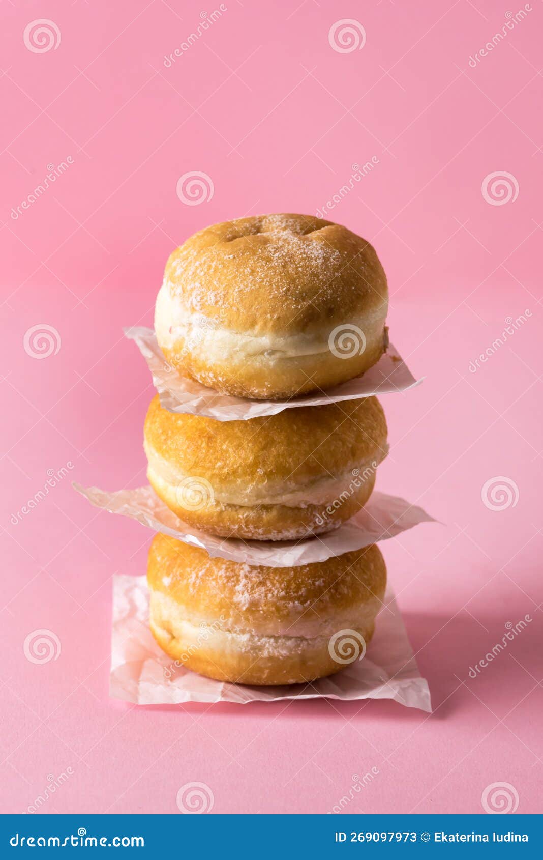 Stack of Tasty Dutch Donuts Icing Sugar Pink Background Homemade Donuts ...