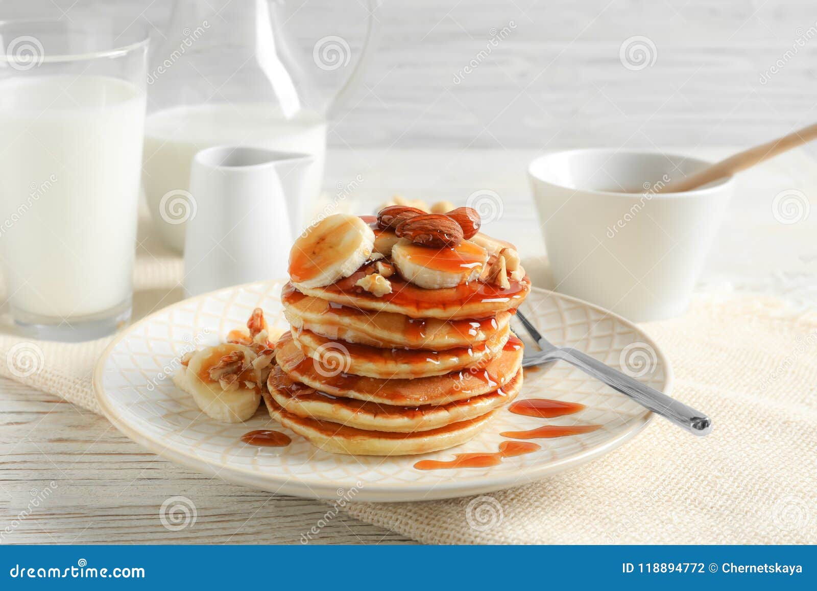 Stack of Tasty Pancakes with Banana Stock Photo - Image of calories ...
