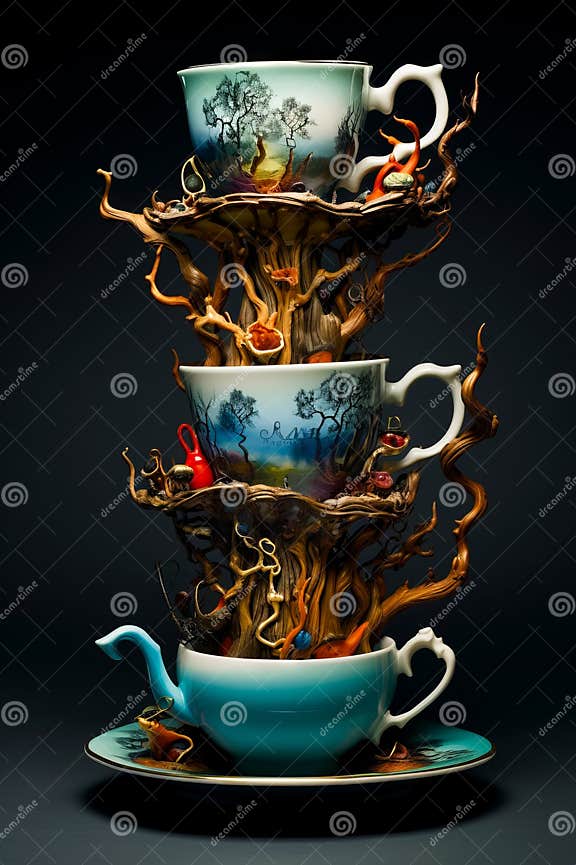 Stack of Tea Cups with Tree on Top of Them. Generative AI Stock Photo ...