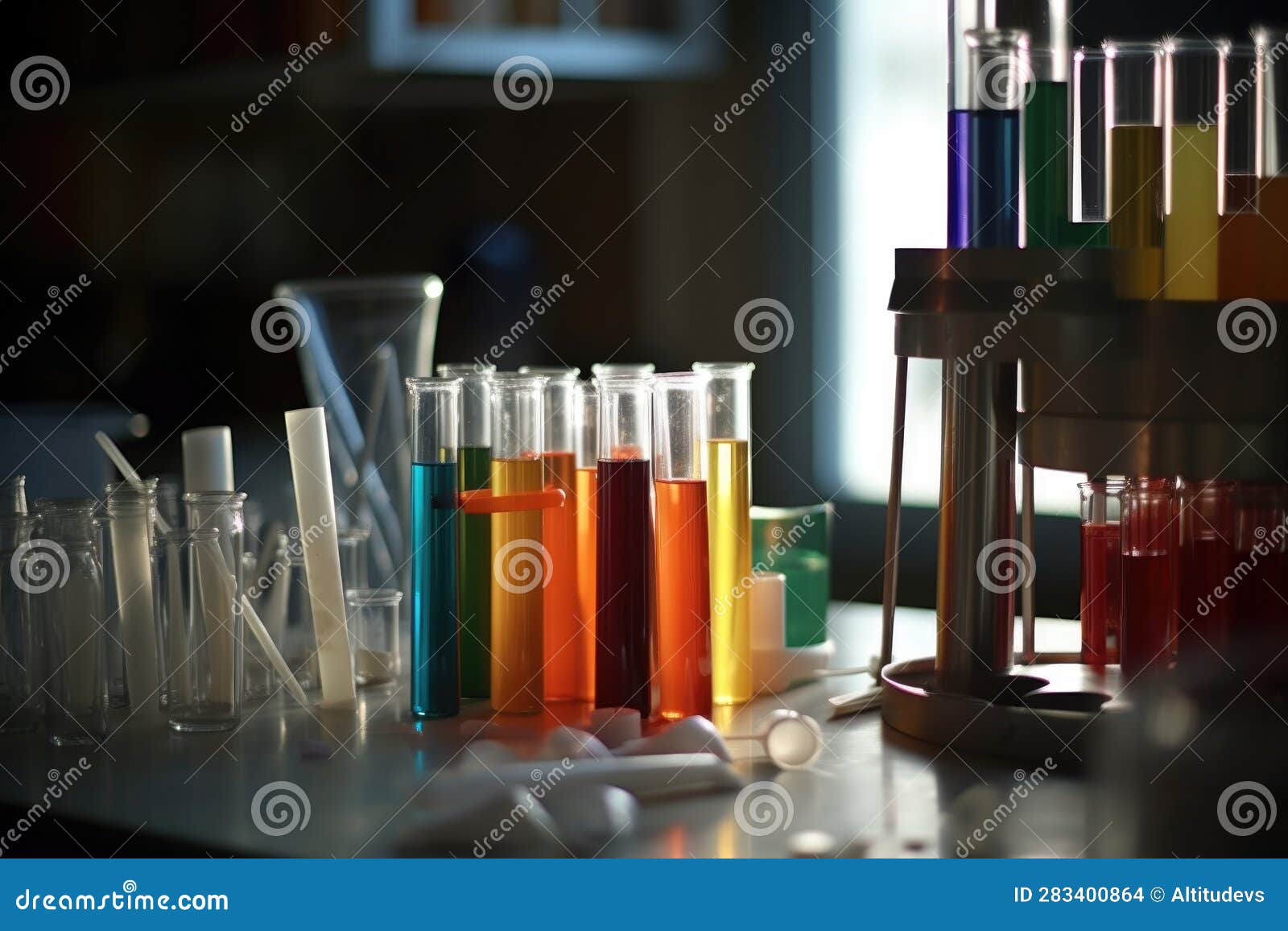 Stack of Test Tubes and Beakers on a Science Lab Bench Stock ...