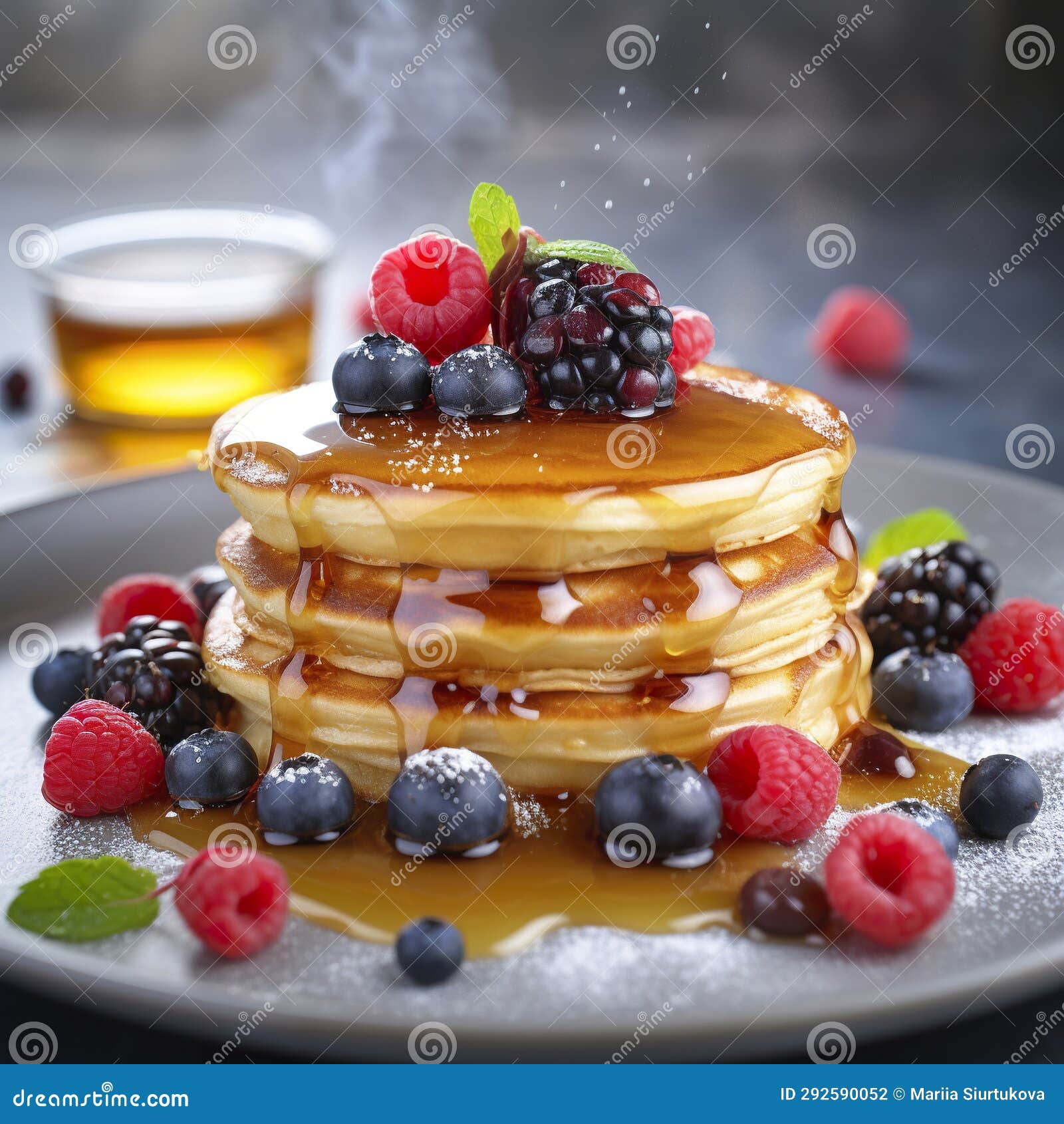 Stack Testy Fluffy Pancakes Drizzled with Maple Syrup Topped with Fresh ...