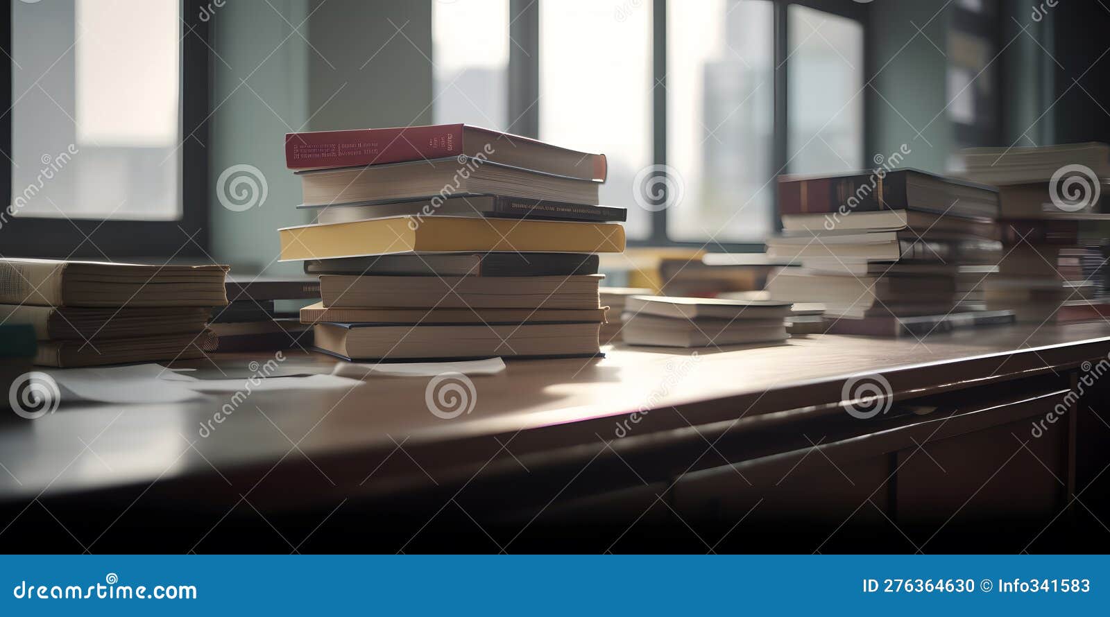 A Stack of Textbooks on a Desk in a Library Cinematic Six Created with ...