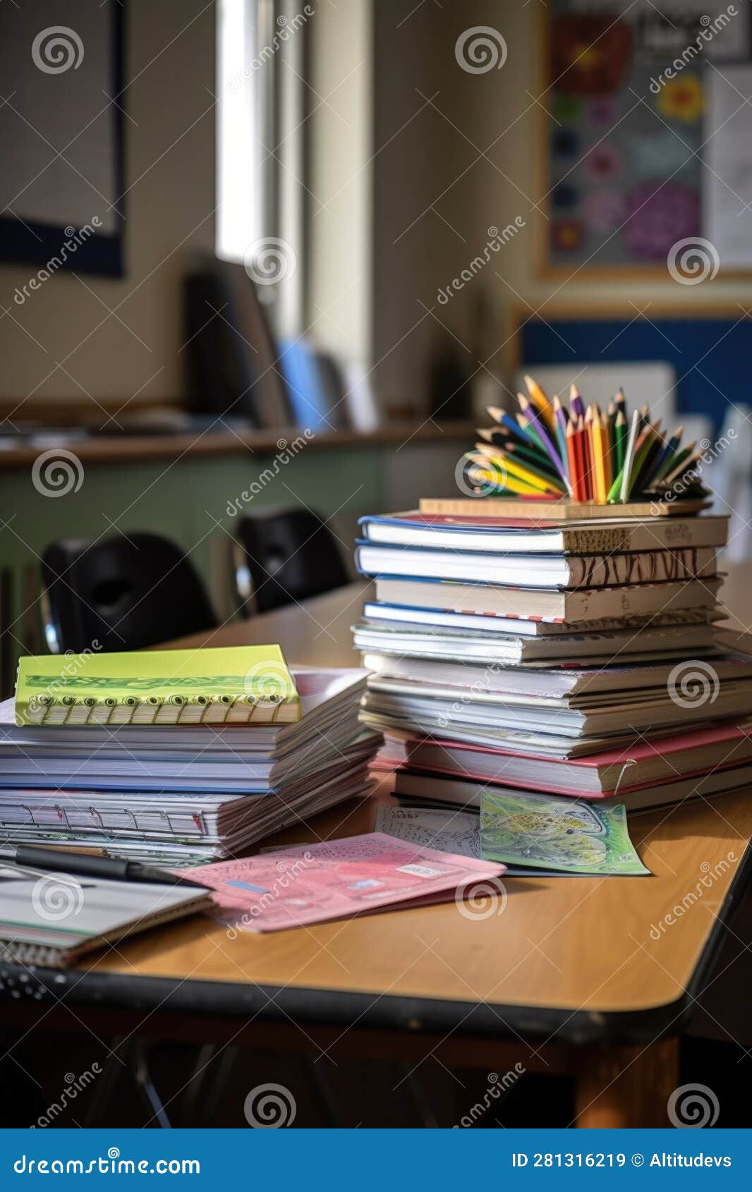 Stack of Textbooks and Lesson Planner on Desk Stock Illustration ...