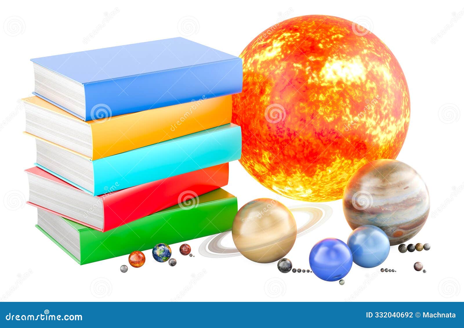 Textbooks With Planets Of Solar System And Satellites. 3D Rendering ...