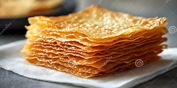 Stack of Thin, Crispy Golden Fried Pastry Sheets with a Delicate ...