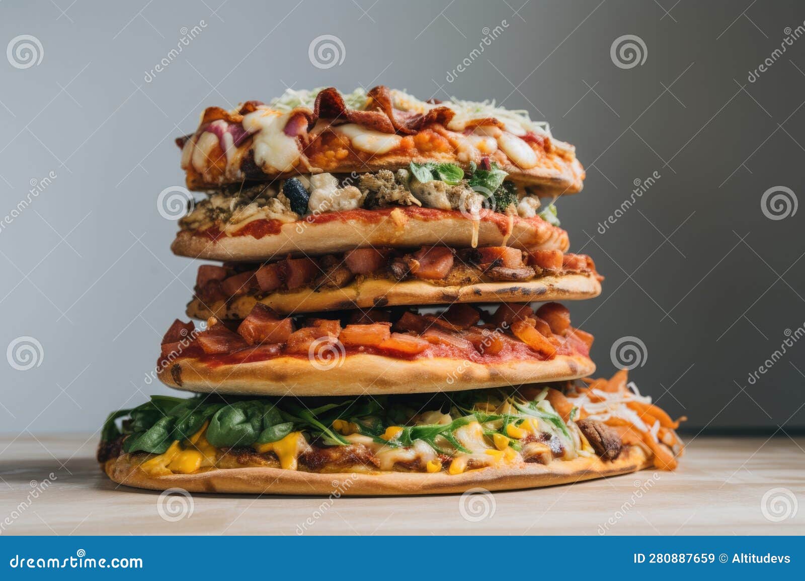 Stack of Thin-crust Pizzas with Various Toppings, Each Pizza ...
