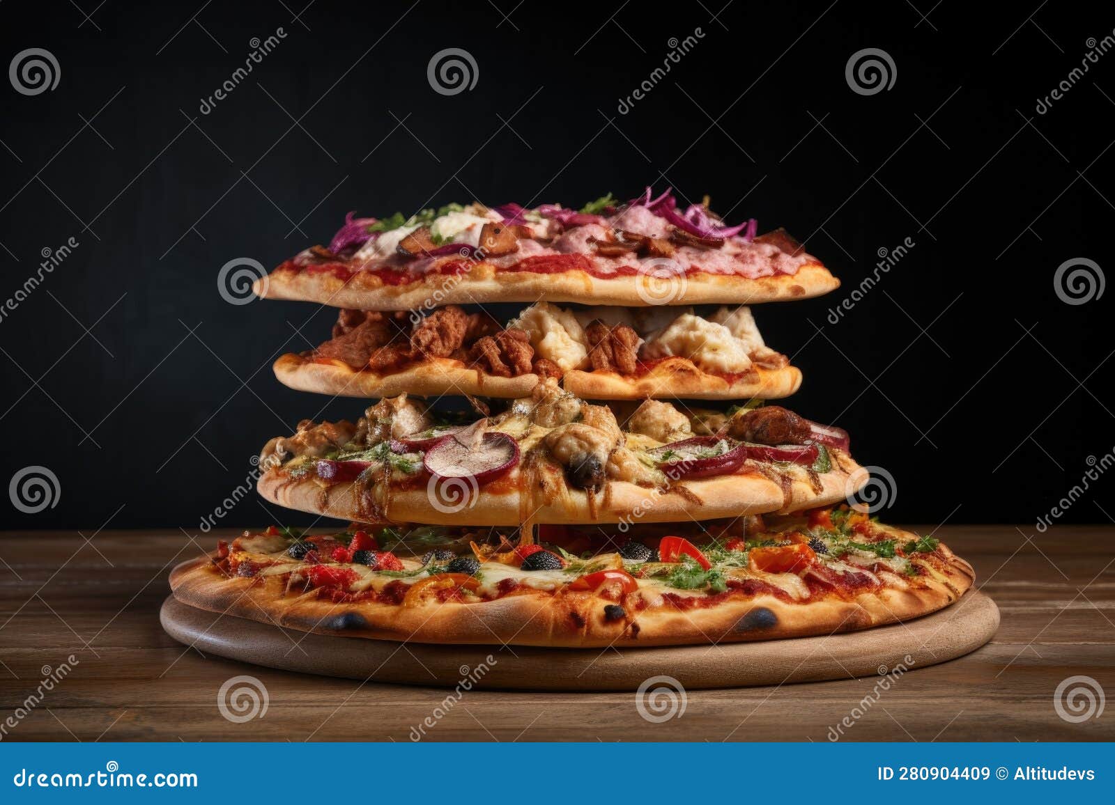 Stack of Thin-crust Pizzas with Various Toppings, Each Pizza ...