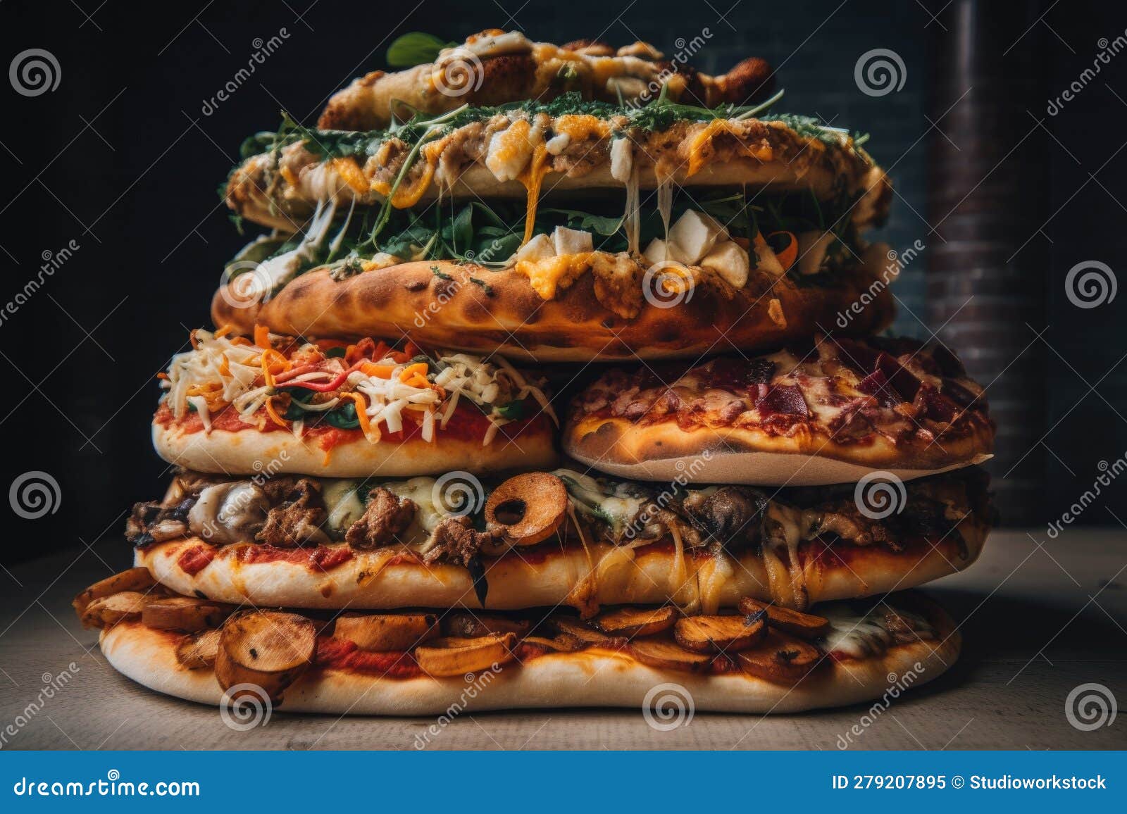 Stack of Thin-crust Pizzas with Various Toppings, Each Pizza ...
