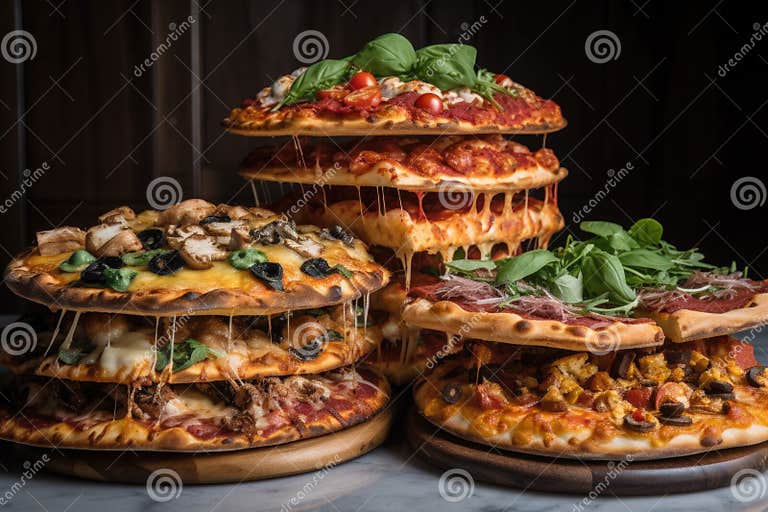 Stack of Thin-crust Pizzas with Various Toppings, Each Pizza ...