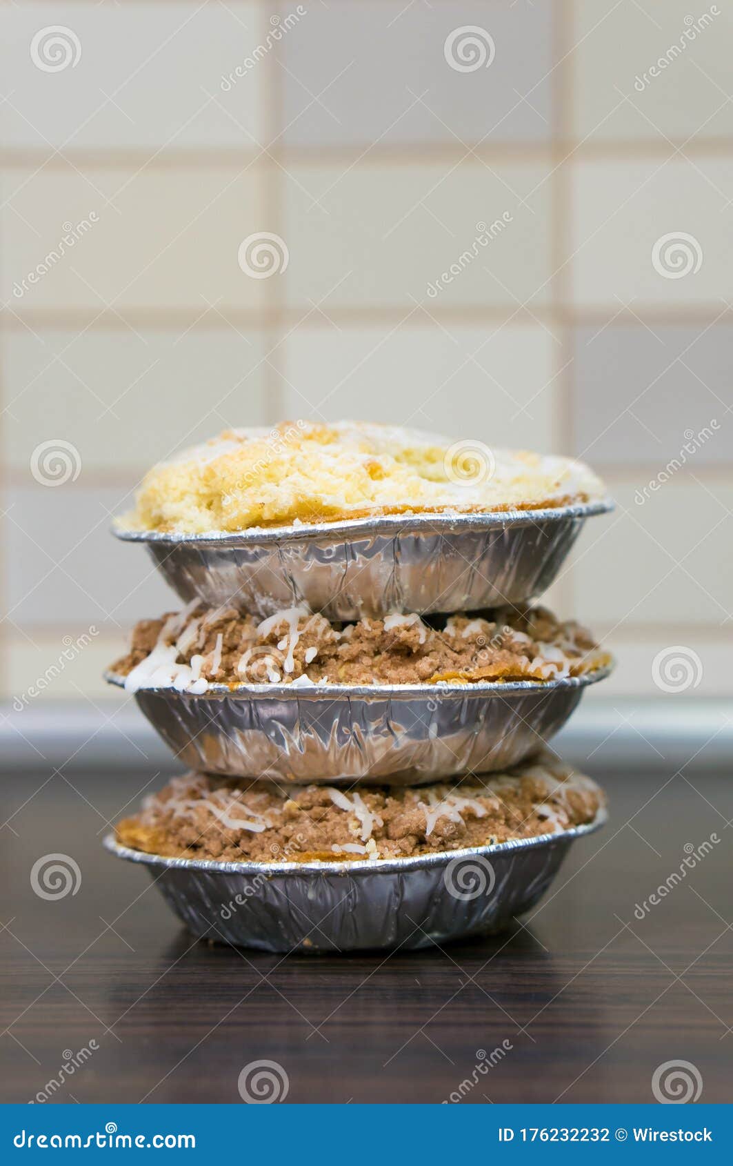 Stack of Three Different Pies on a Wooden Surface Stock Photo - Image ...