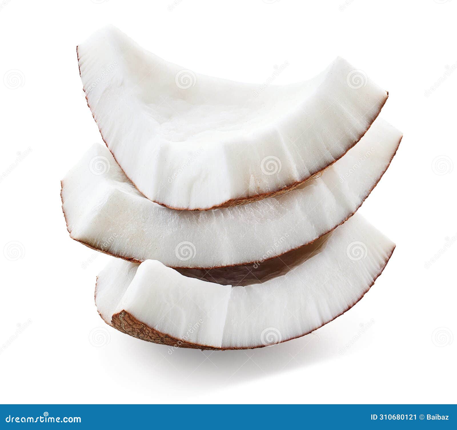 Stack of Three Fresh Coconut Pieces or Slices on White Background Stock ...