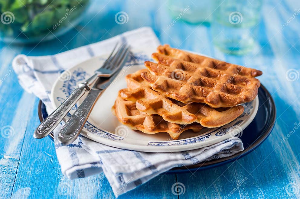 Plain Waffles on a Plate stock image. Image of potato - 99046929
