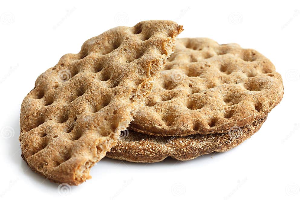Stack of Three Round Rye Crispbreads Isolated on White. One Brok Stock ...