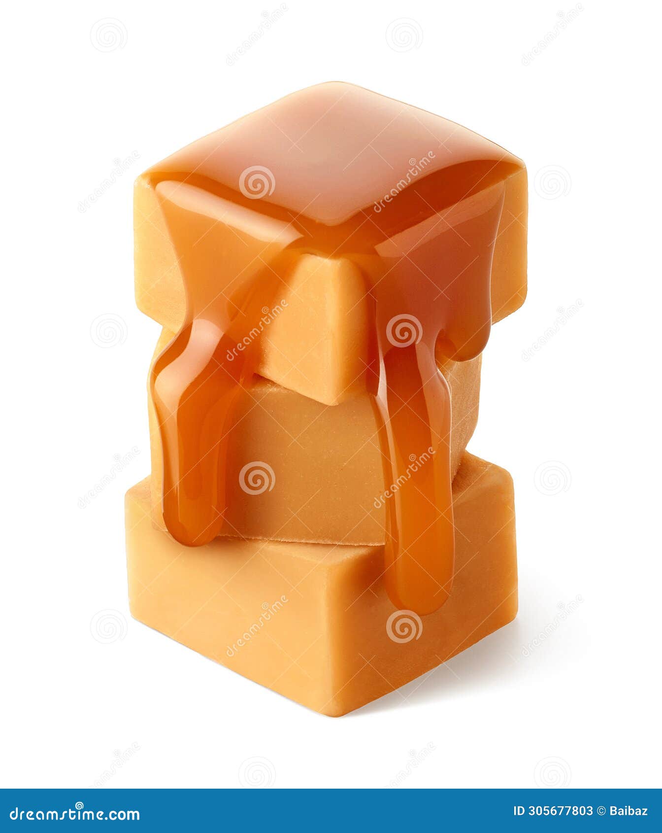 Stack of Three Sweet Caramel Candy Cubes Topped with Caramel Sauce on ...