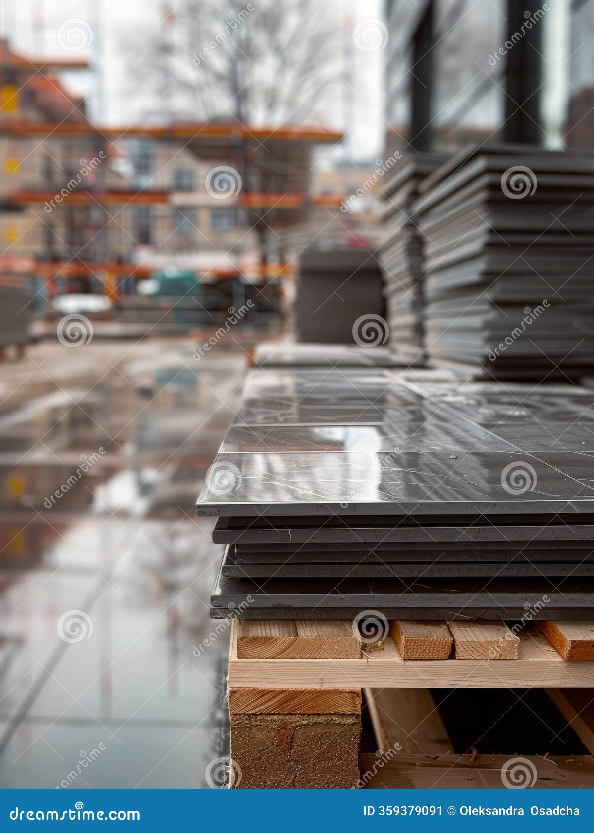 Stack of Tiles on a Pallet at a Construction Site on a Rainy Day. Stock ...