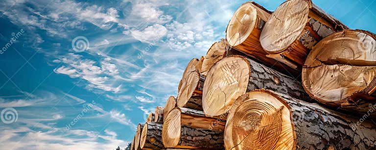 Stack of Timber Logs Against a Bright Blue Sky, Nature and Forestry Industry Concept Stock Image ...