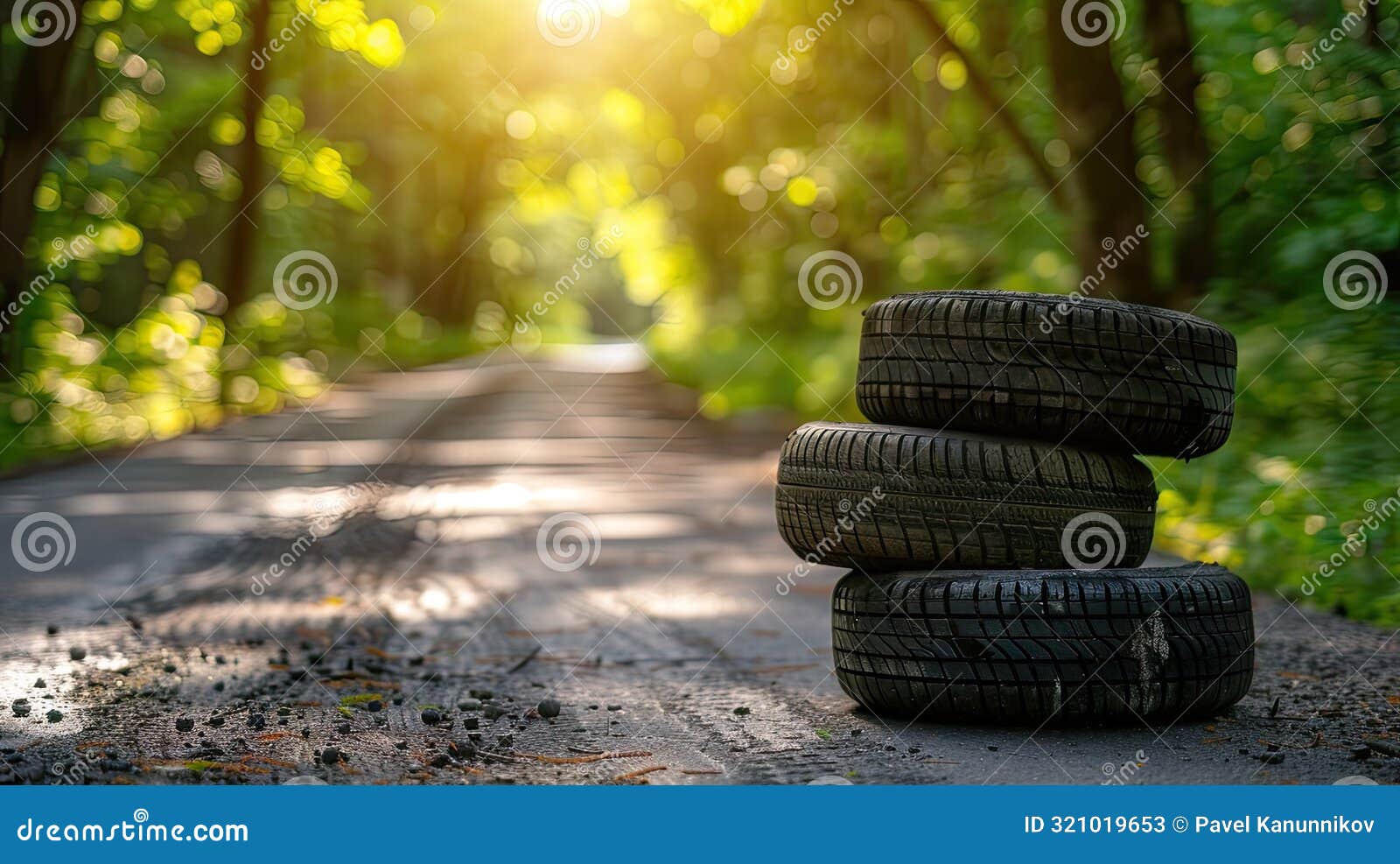 A Stack of Tires on a Forest Path Stock Illustration - Illustration of ...