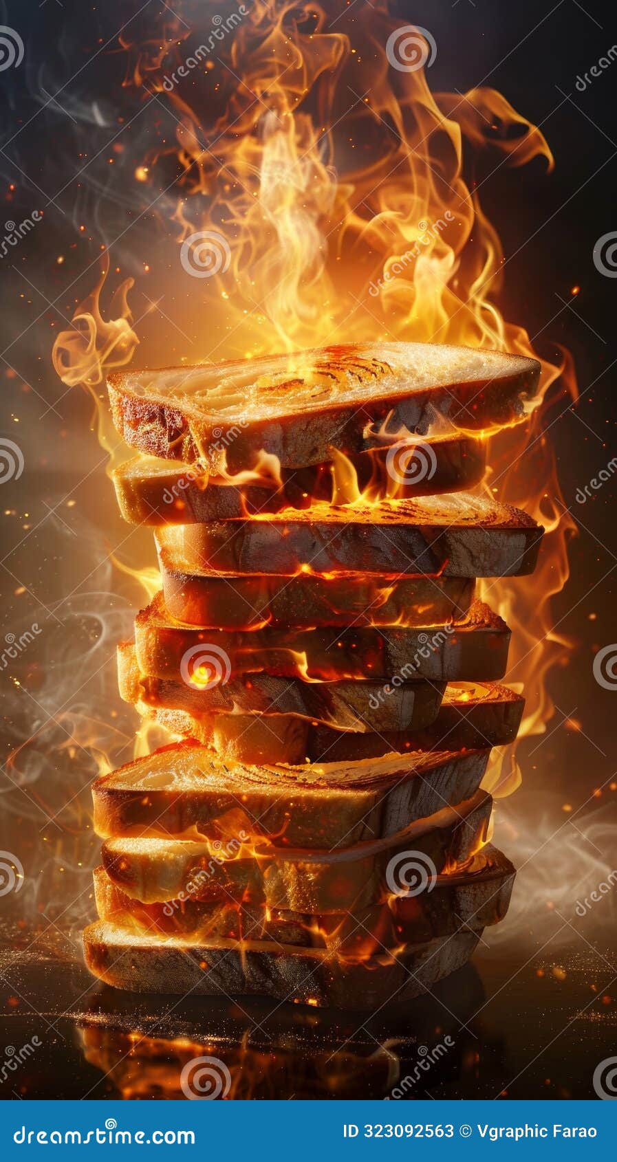 Stack of Toasted Bread Slices on Fire with Flames and Smoke Stock Image ...