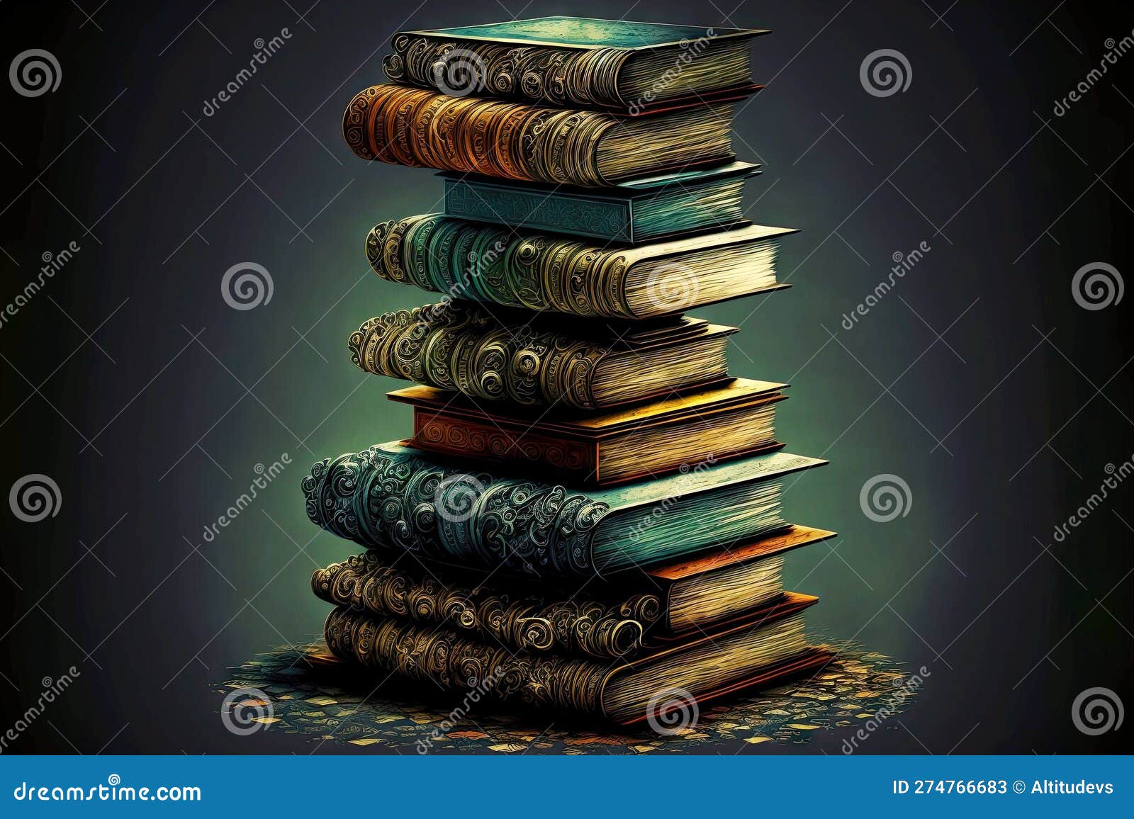 Stack Tower of Old Hardcover Books on Dark Background Library Concept ...