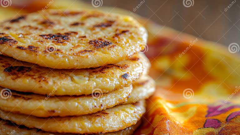 Stack of Traditional Arepas with Warm Orange-cloth Background Stock ...