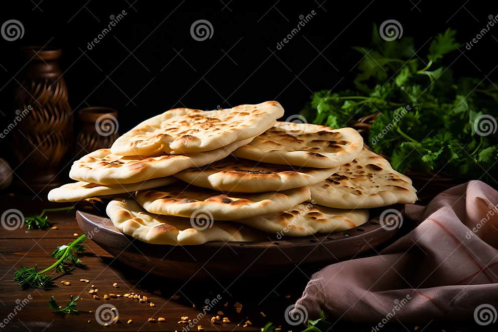 Stack of Traditional Naan Bread on the Table Isolated on Dark ...