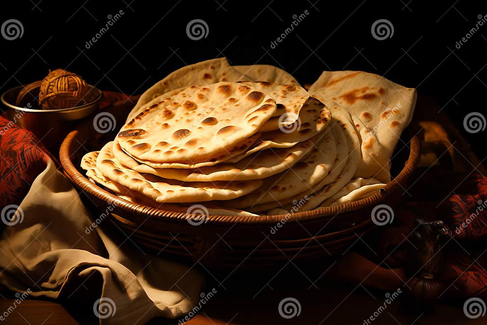 Stack of Traditional Naan Bread on the Table Isolated on Dark ...