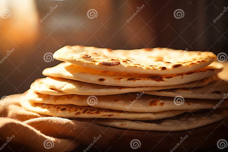 Stack of Traditional Naan Bread on the Table Isolated on Served Table ...