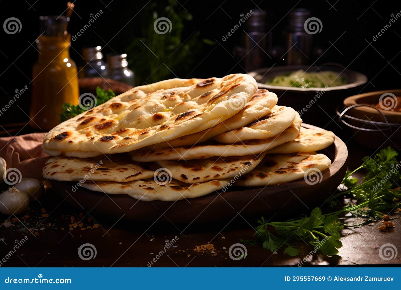 Stack of Traditional Naan Bread on the Table Isolated on Served Table ...